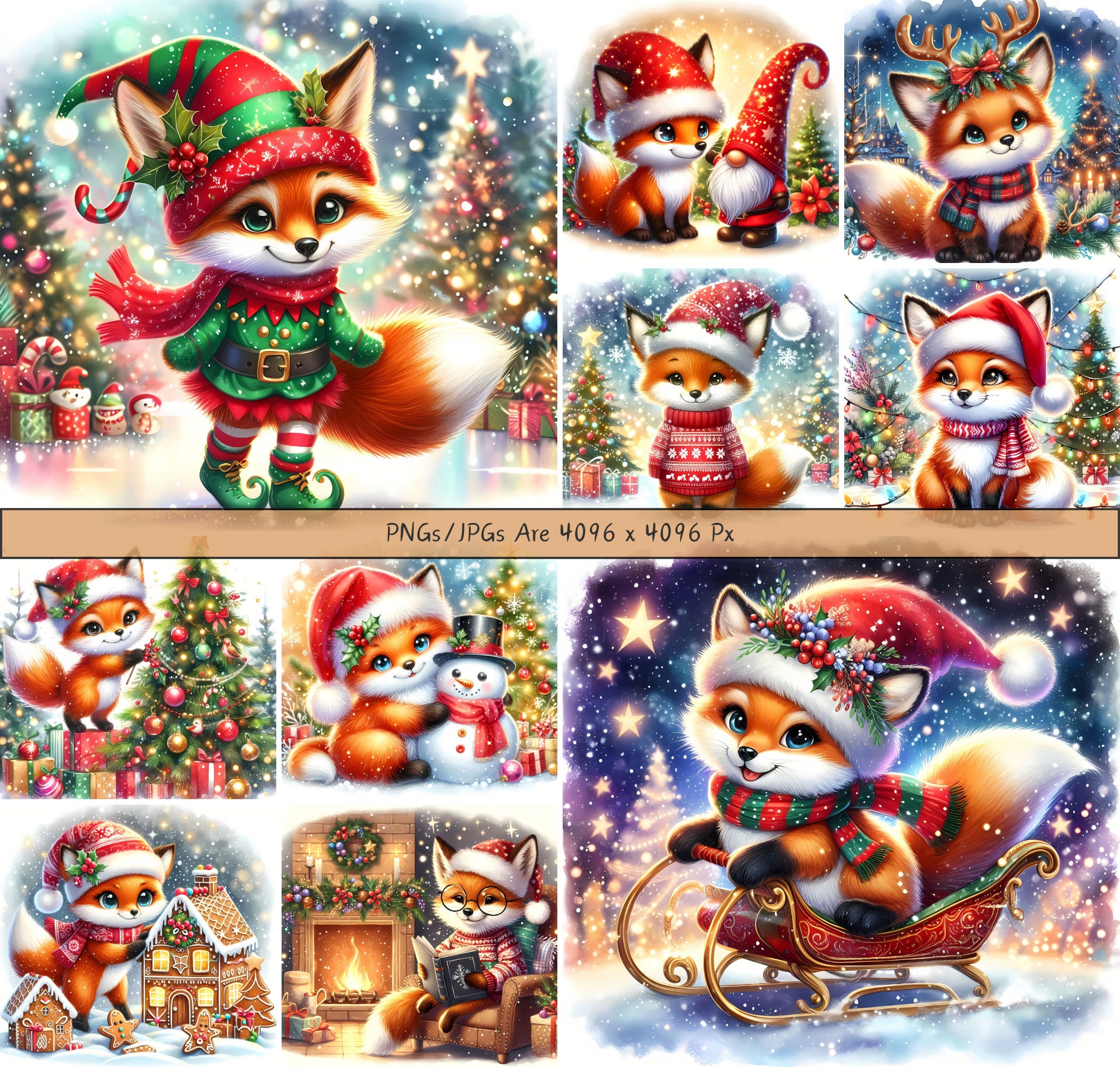 Cute Christmas Foxes Clipart Bundle, Xmas Fox Clip Art Images ...