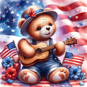 Cute 4th July Teddy Bears Clipart Bundle, Watercolor Patriotic Files ...