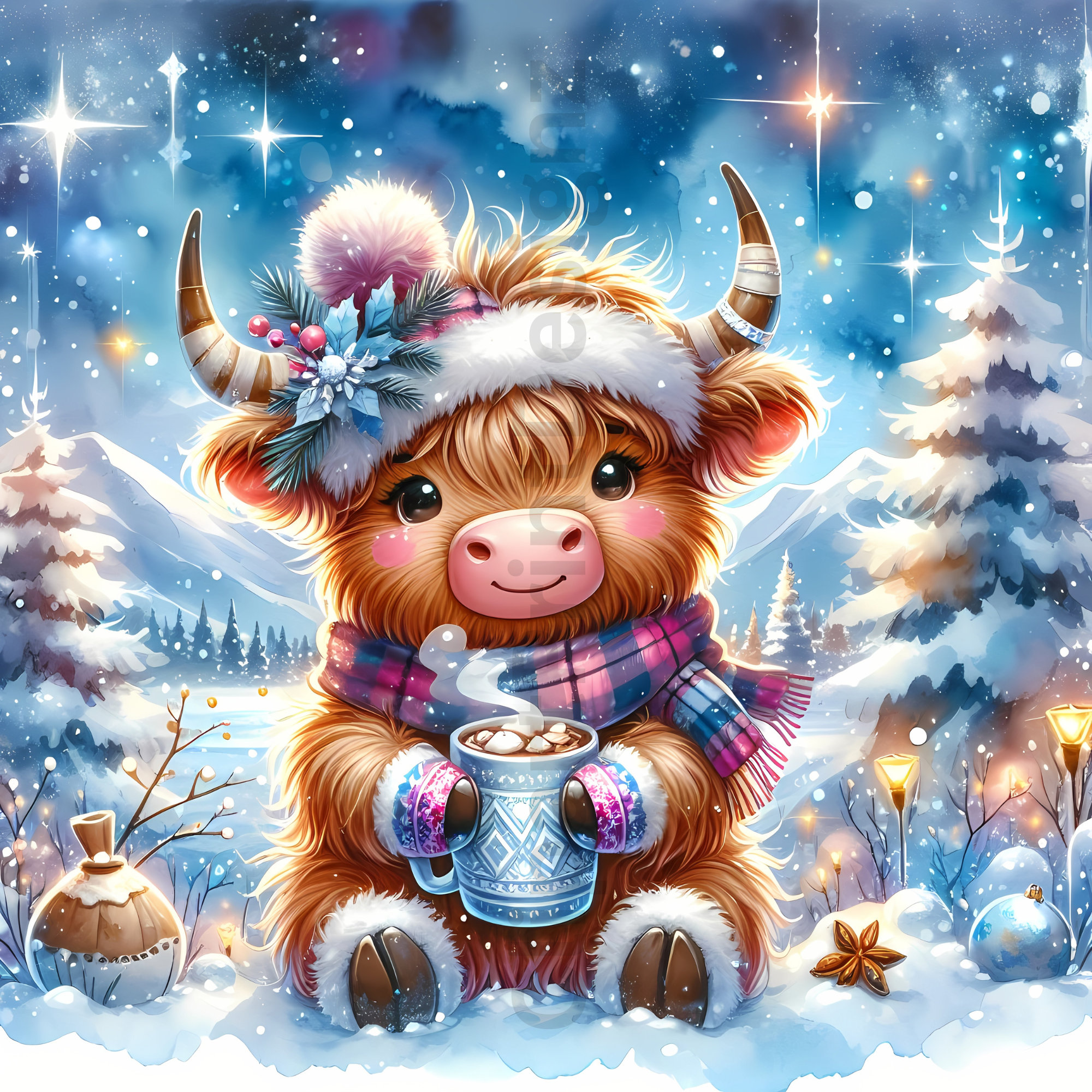 Cute Winter Baby Highland Cow Clipart Bundle, Festive Watercolor Clip ...