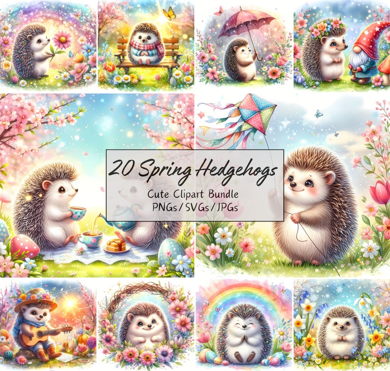 Cute Spring Hedgehogs Clipart Bundle, Watercolor Clip Art Images, 20 ...