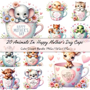 Cute Animals in Happy Mother's Day Cups Clipart Bundle, Watercolor Clip ...