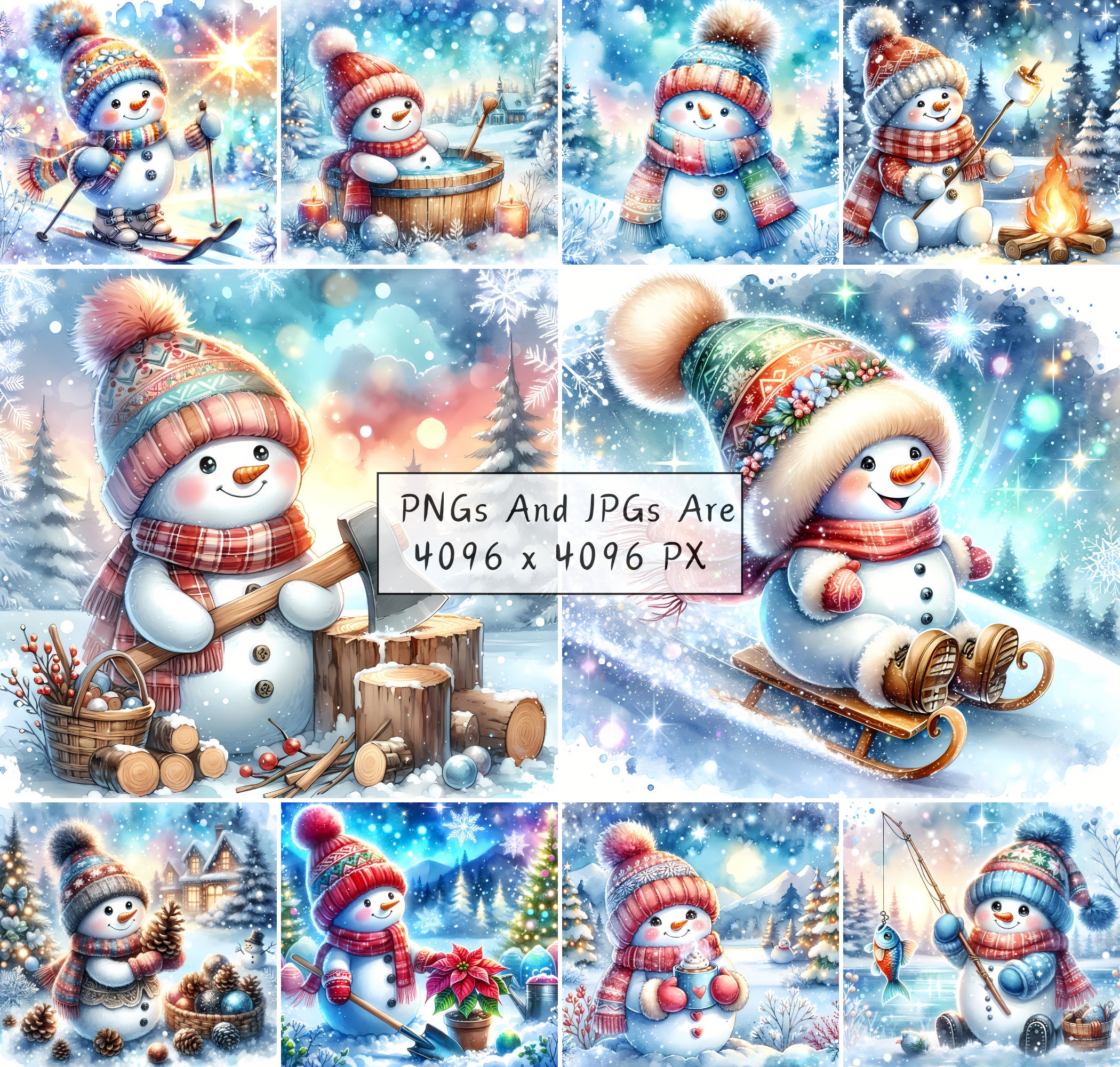 Cute Winter Snowman Clipart Bundle, Watercolor Clip Art Images, 20 High ...