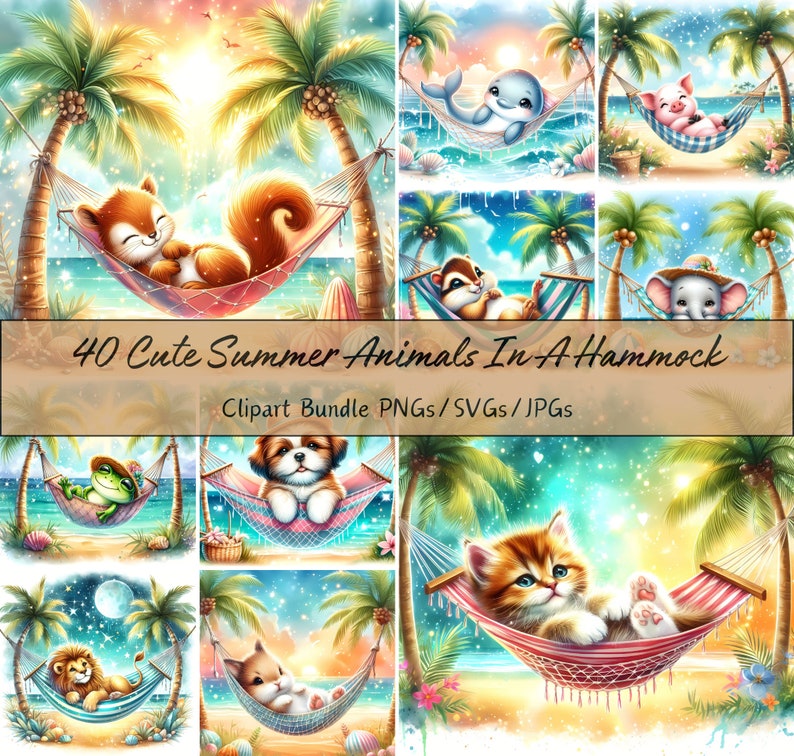 Cute Summer Animals in Hammocks Clipart Bundle, Watercolor Sun Clip Art ...