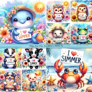 Cute Summer Animals Holding Signs Clipart Bundle, Watercolor Sun Clip ...