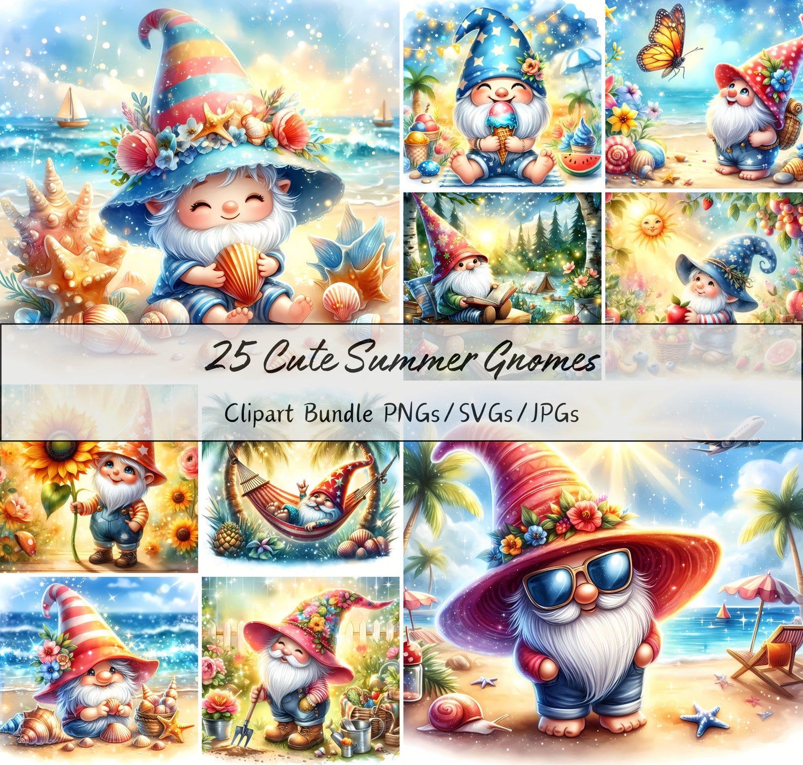 Cute Summer Gnomes Clipart Bundle, Watercolor Gomes Clip Art Images ...