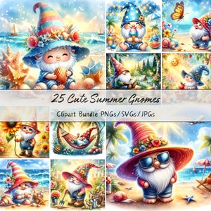 Cute Summer Gnomes Clipart Bundle, Watercolor Gomes Clip Art Images ...