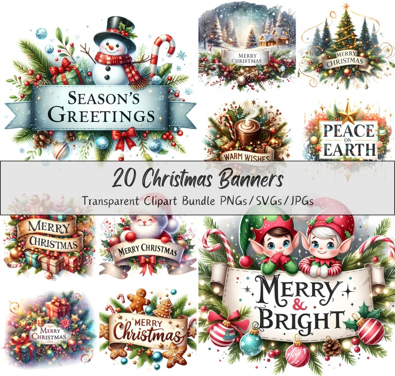 Christmas Banners Clipart Bundle, Watercolor Clip Art Images, High ...