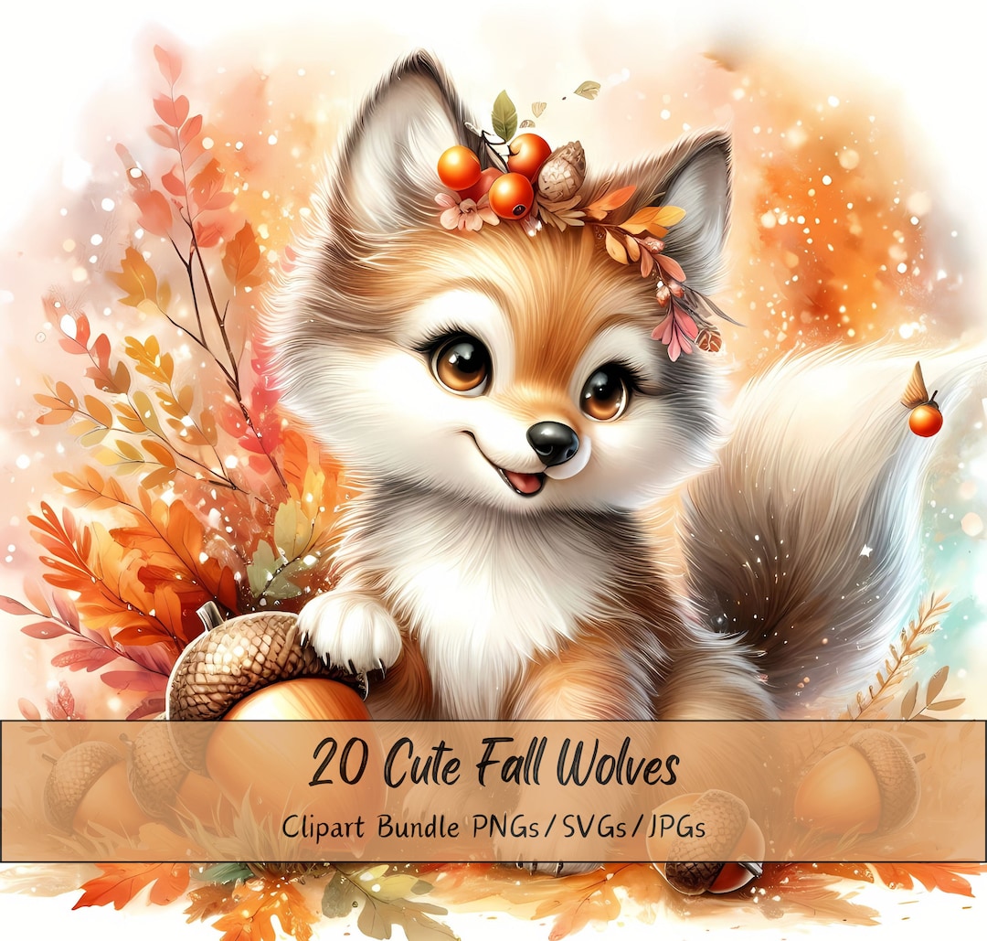 Cute Fall Wolves Clipart Bundle, Watercolor Autumn Wolf Clip Art Images ...