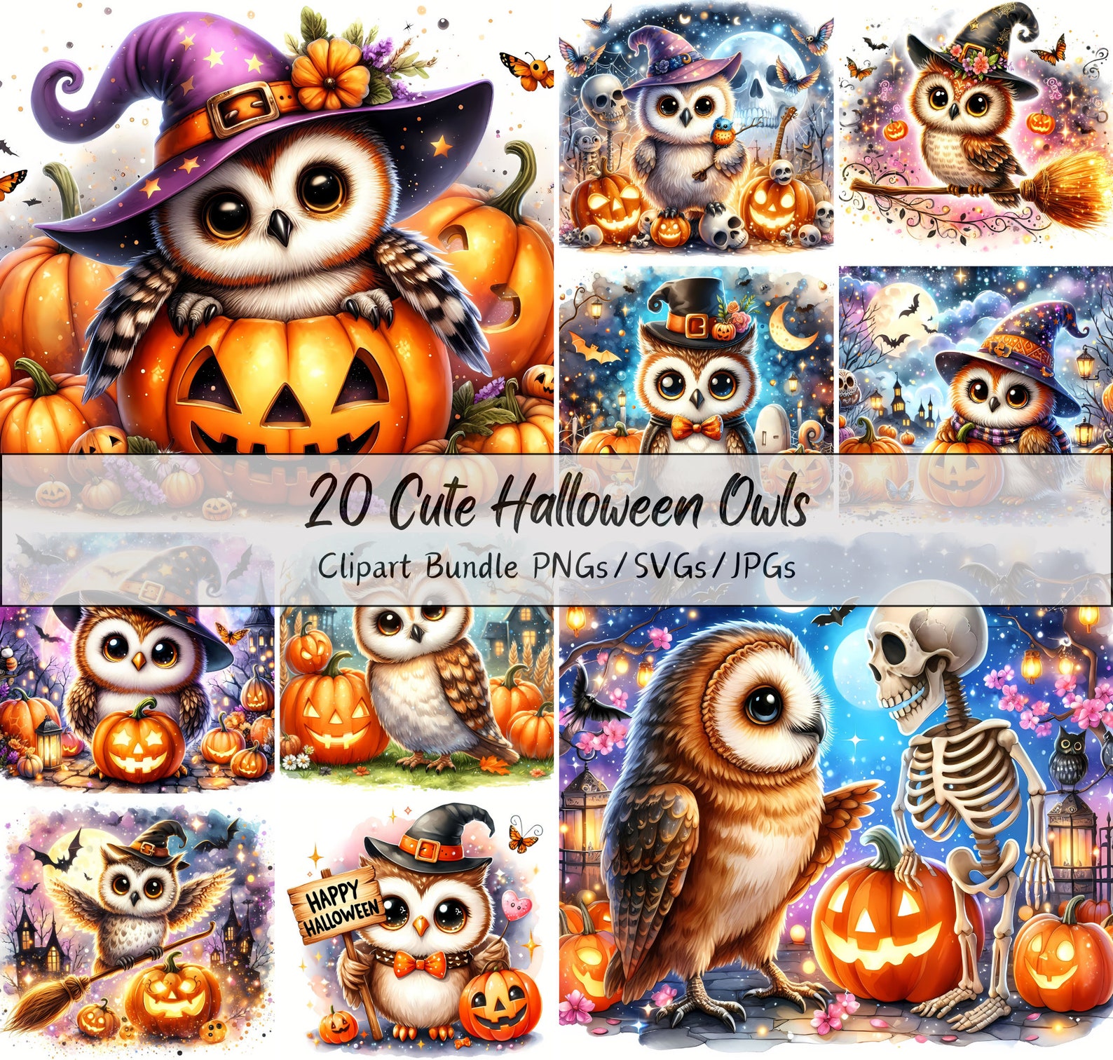 Cute Halloween Owls Clipart Bundle, Watercolor Owl Clip Art Images ...