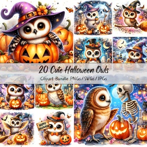 Cute Halloween Owls Clipart Bundle, Watercolor Owl Clip Art Images ...