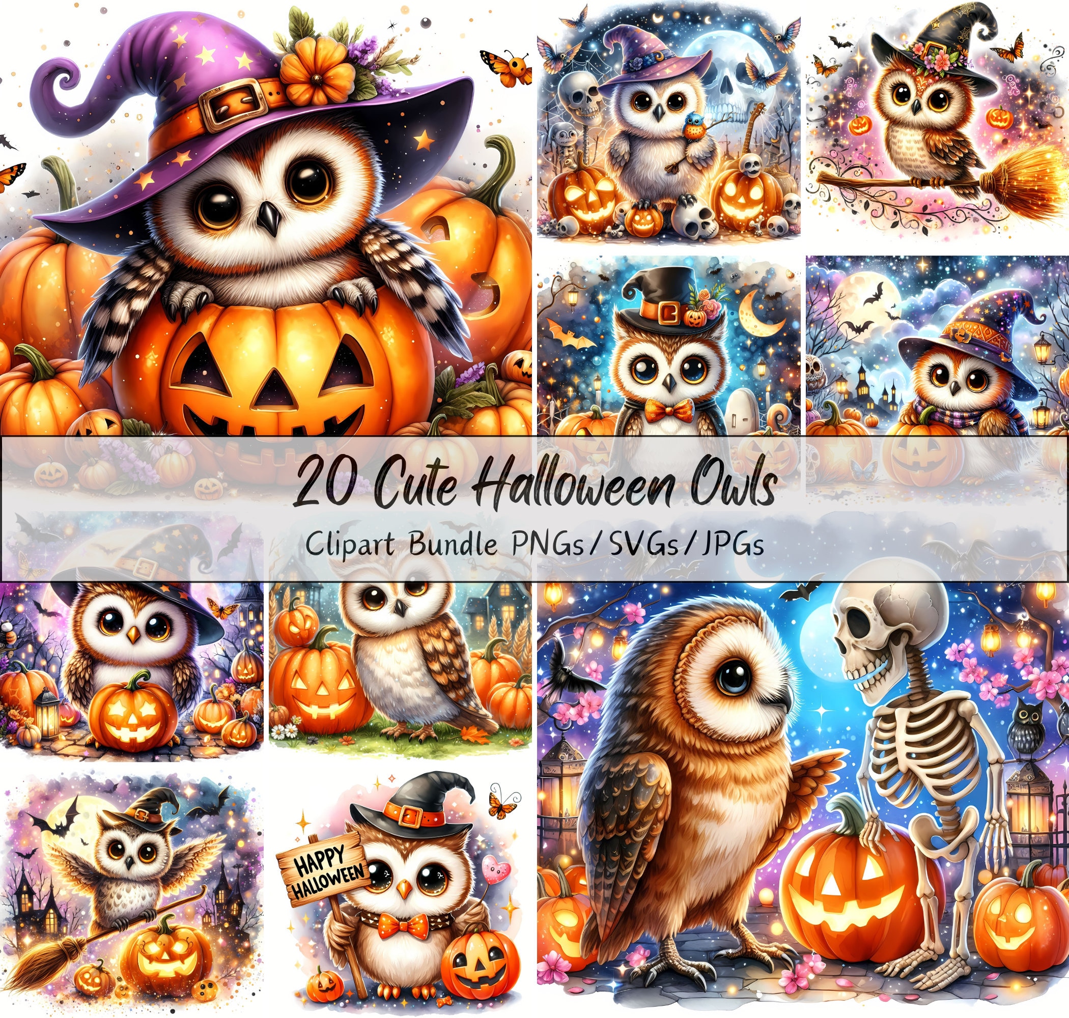 Cute Halloween Owls Clipart Bundle, Watercolor Owl Clip Art Images ...