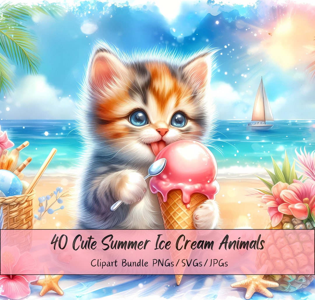 Cute Summer Ice Cream Animals Clipart Bundle, Watercolor Beach Clip Art ...