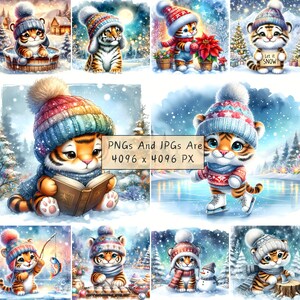 Cute Winter Tiger Clipart Bundle, Festive Watercolor Clip Art Images ...