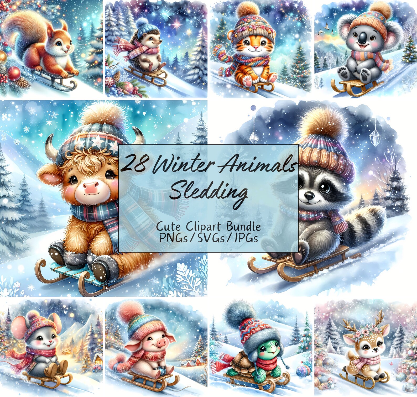 Cute Winter Animals Sledding Clipart Bundle, Festive Watercolor Clip ...