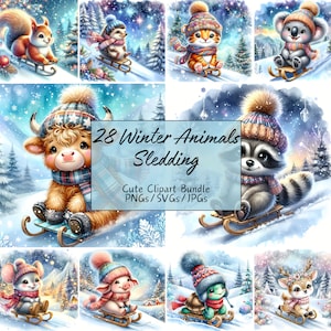 Cute Winter Animals Sledding Clipart Bundle, Festive Watercolor Clip ...