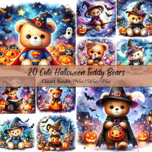 Cute Halloween Teddy Bears Clipart Bundle, Watercolor Bear Clip Art ...