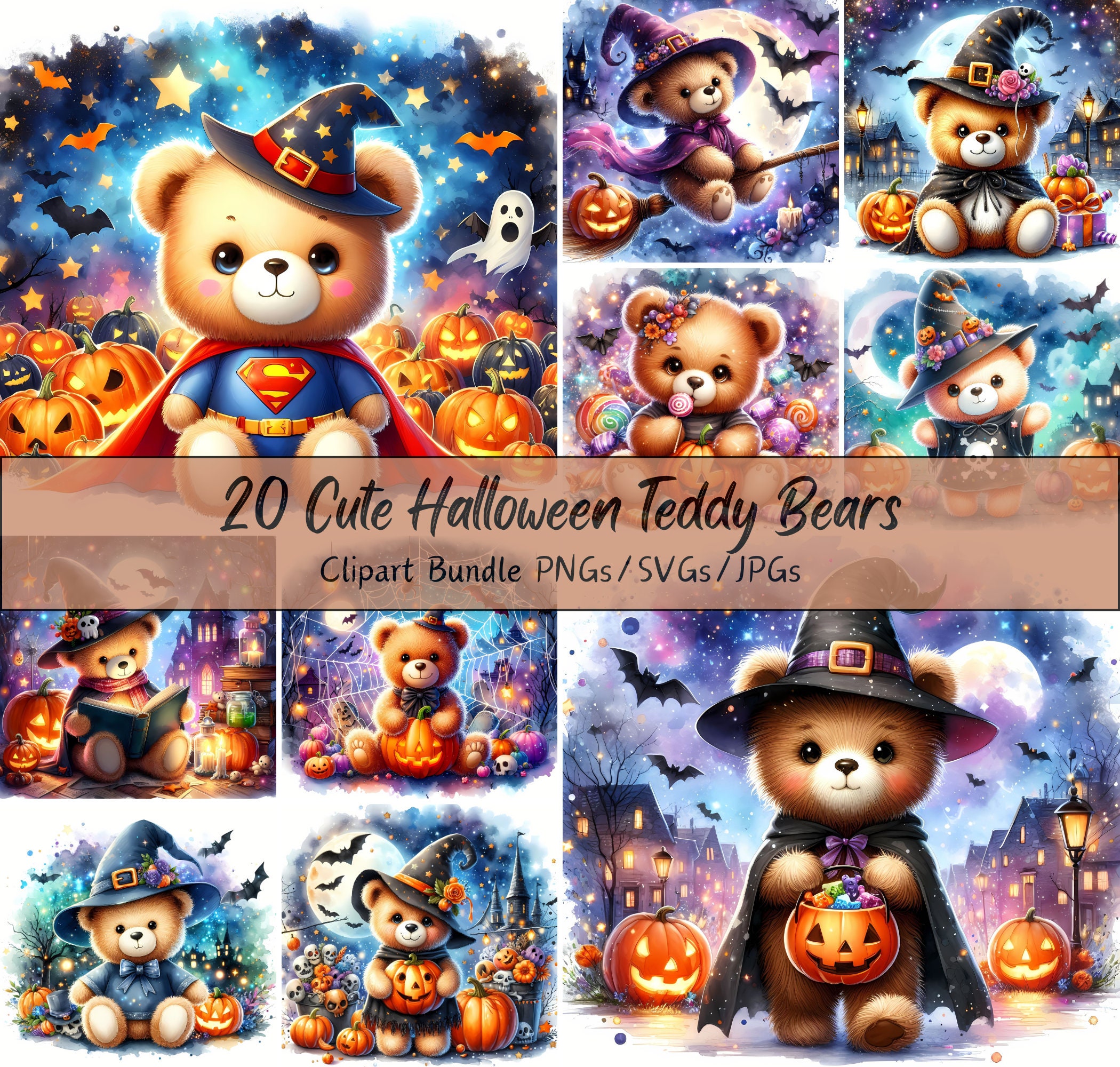 Cute Halloween Teddy Bears Clipart Bundle, Watercolor Bear Clip Art ...