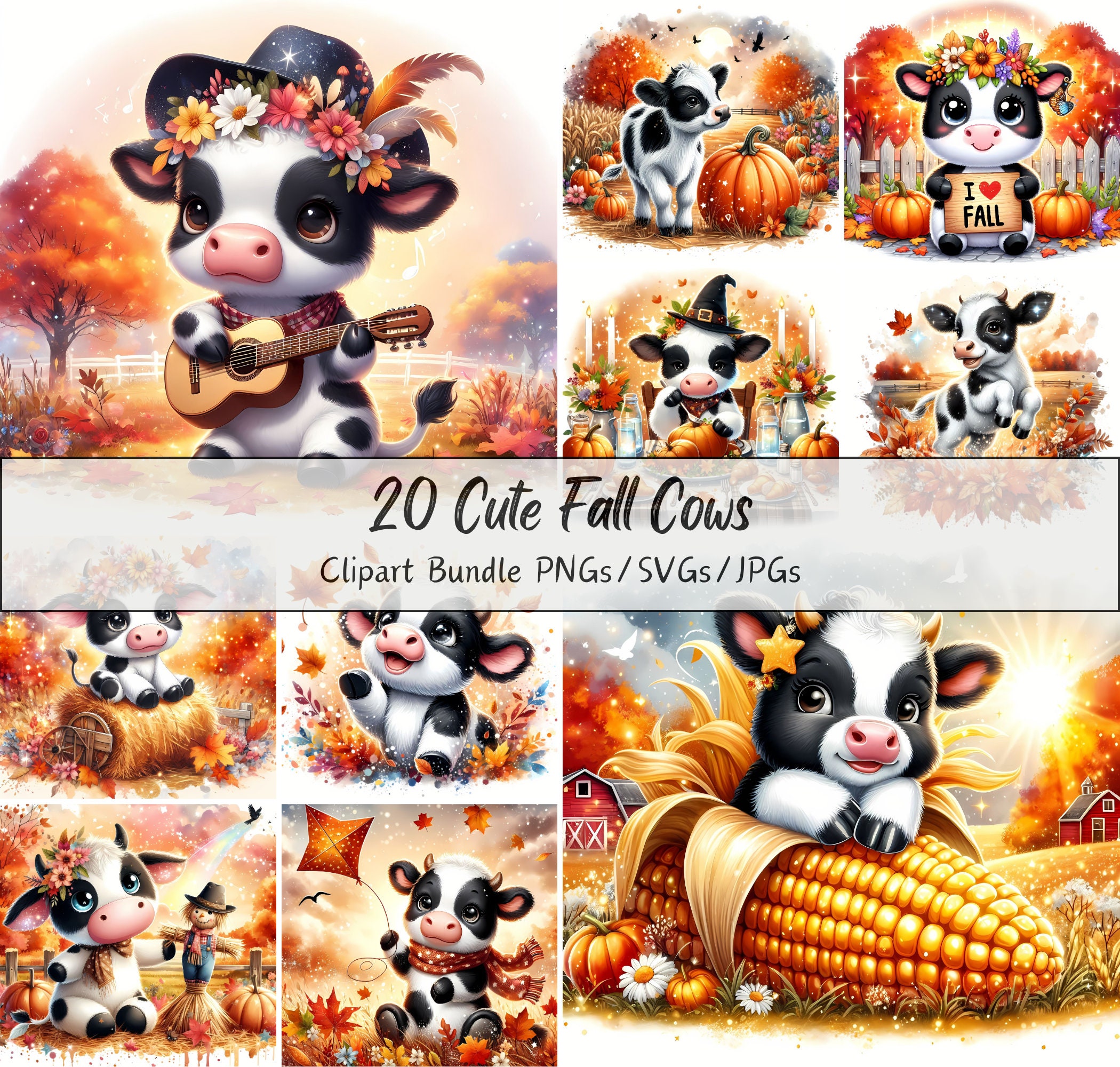 Cute Fall Cows Clipart Bundle, Watercolor Cow Clip Art Images, High ...