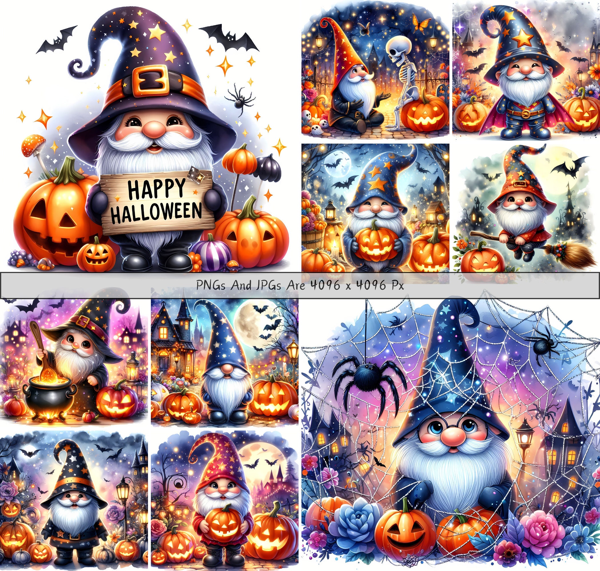 Cute Halloween Gnomes Clipart Bundle, Watercolor Gnome Clip Art Images ...