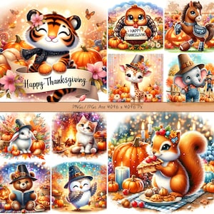 Happy Thanksgiving Animals Clipart Bundle, Watercolor Animal Clip Art ...