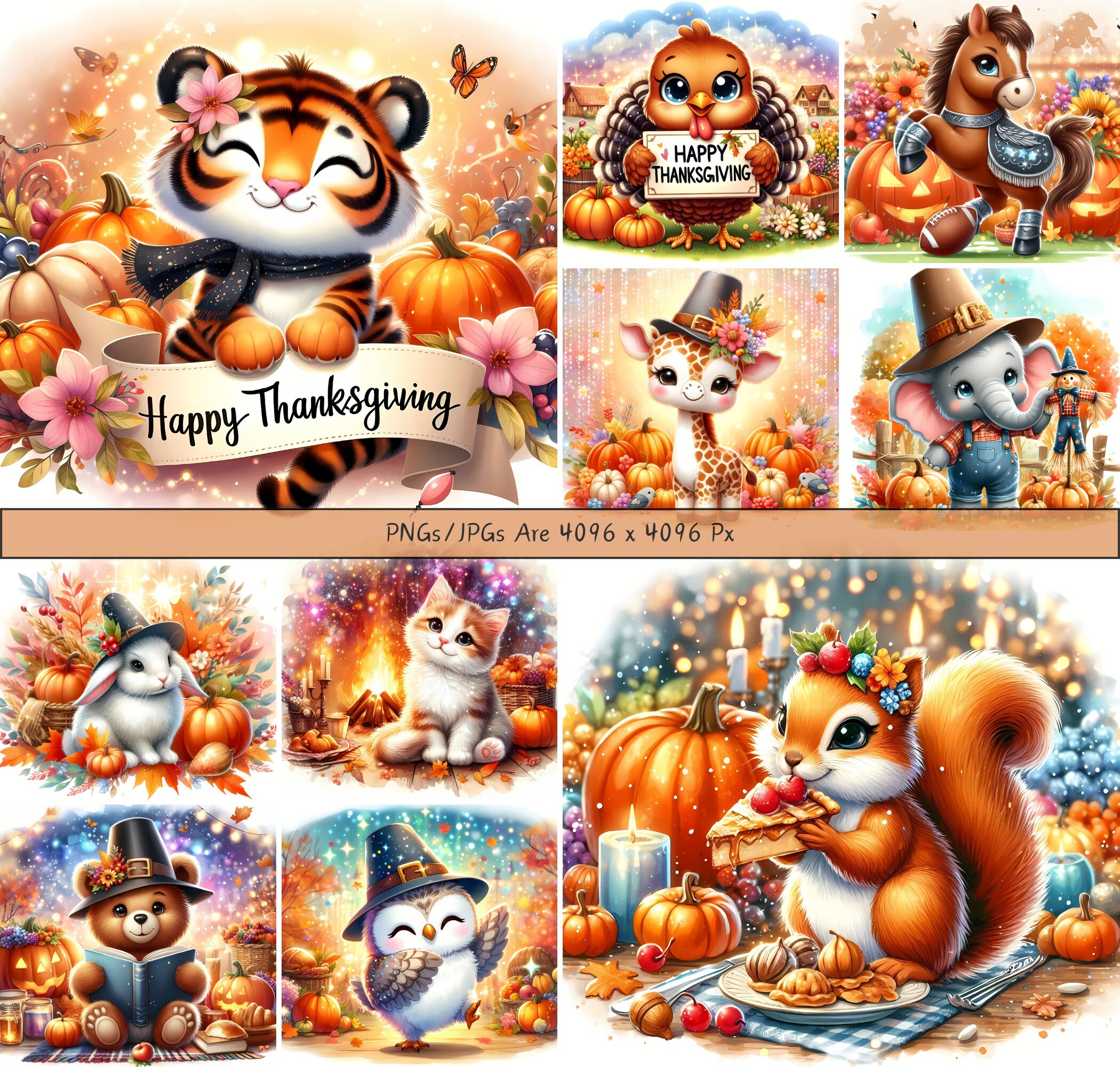 Happy Thanksgiving Animals Clipart Bundle, Watercolor Animal Clip Art ...