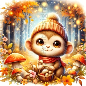 Cute Fall Monkeys Clipart Bundle, Watercolor Monkey Clip Art Images, High Quality Animals Files ...