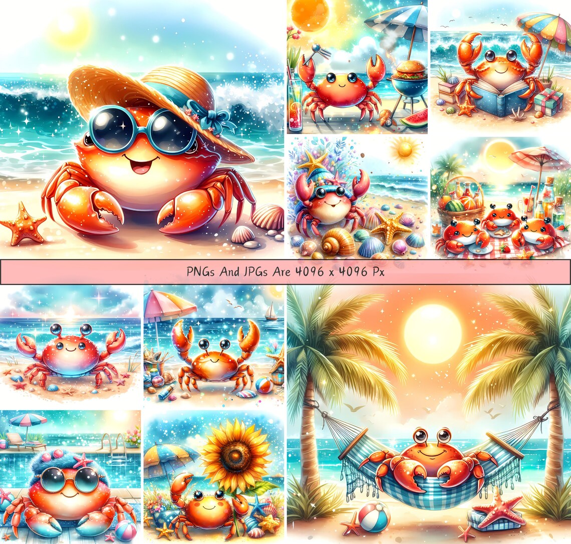Cute Summer Crabs Clipart Bundle, Watercolor Crab Clip Art Images, High ...