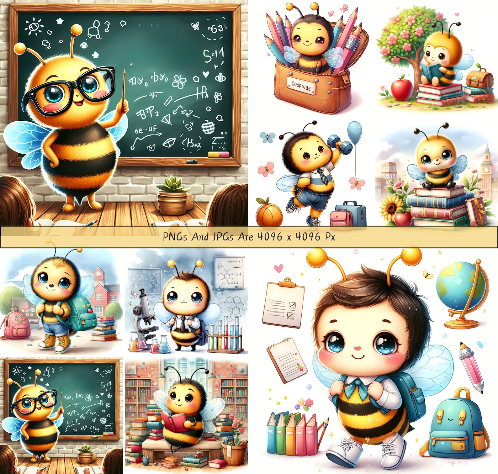 Cute Back to School Bees Clipart Bundle, Watercolor Bee Clip Art Images ...