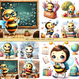 Cute Back to School Bees Clipart Bundle, Watercolor Bee Clip Art Images ...