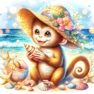 Cute Summer Monkeys Clipart Bundle, Watercolor Monkey Clip Art Images ...