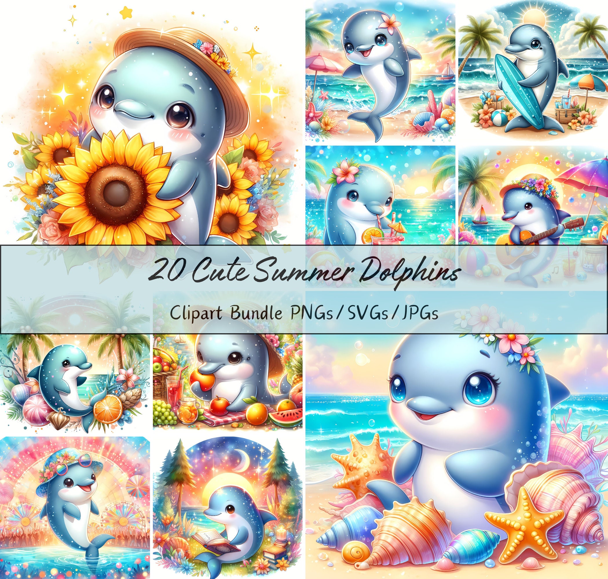 Cute Summer Dolphins Clipart Bundle, Watercolor Dolphin Clip Art Images ...