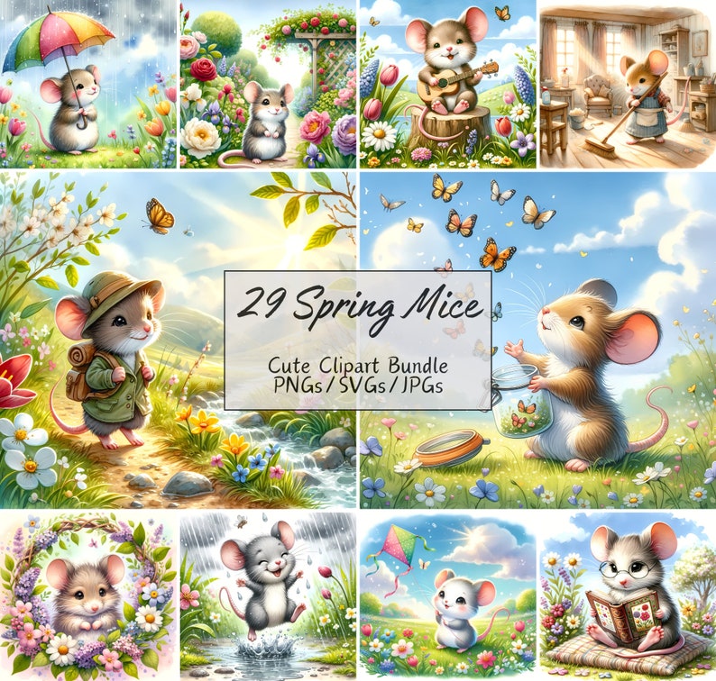 Cute Spring Mouse Clipart Bundle, Festive Watercolor Clip Art Images ...