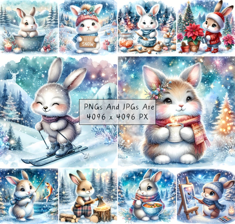 Cute Winter Bunnies/hares Clipart Bundle, Festive Watercolor Clip Art ...