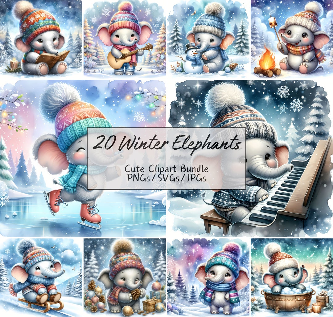 Cute Winter Elephant Clipart Bundle, Festive Watercolor Clip Art Images ...