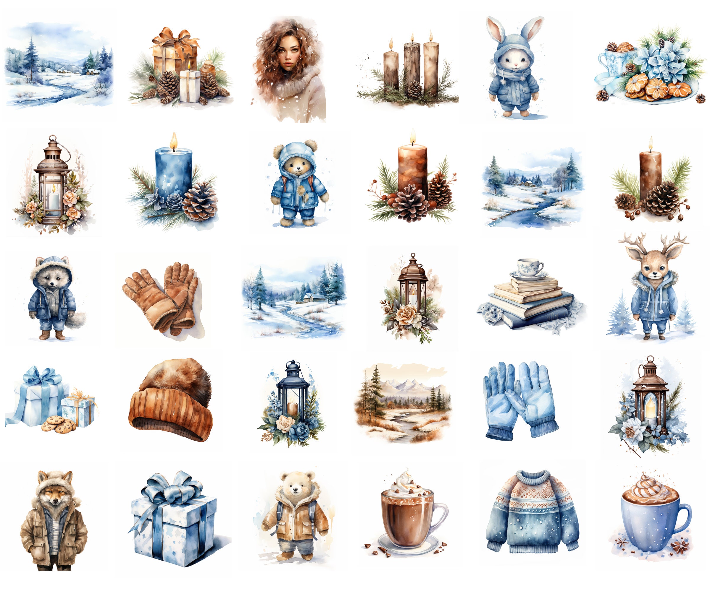 Cozy Winter Clipart Bundle Boho Winter Brown and Blue Mega - Etsy