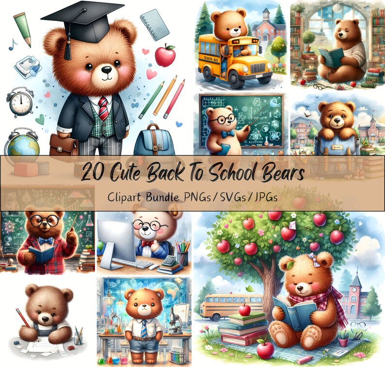 Cute Back to School Bears Clipart Bundle, Watercolor Bear Clip Art ...
