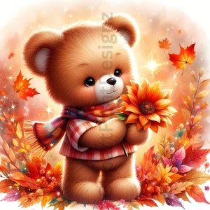Cute Fall Teddy Bears Clipart Bundle, Watercolor Teddies Clip Art ...