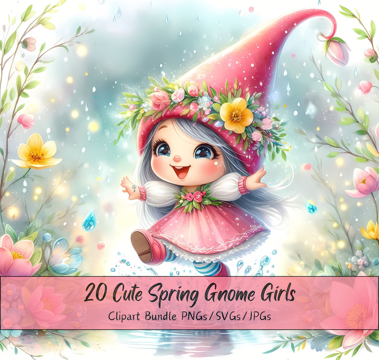 Cute Spring Girl Gnomes Clipart Bundle, Watercolor Clip Art Images, 20 ...
