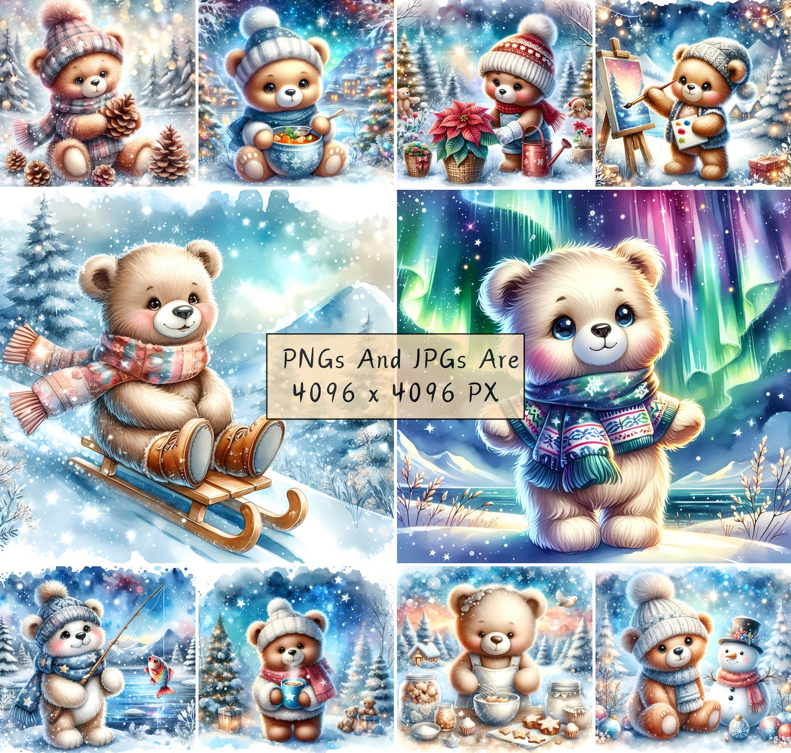 Cute Winter Teddy Bear Clipart Bundle, Festive Watercolor Clip Art Images, 20 High Quality Pngs ...