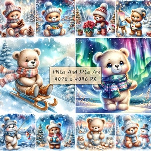 Cute Winter Teddy Bear Clipart Bundle, Festive Watercolor Clip Art Images, 20 High Quality Pngs ...