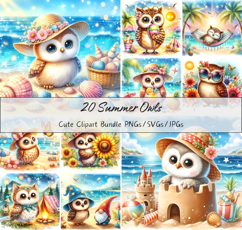 Cute Summer Owls Clipart Bundle, Watercolor Owl Clip Art Images, High ...