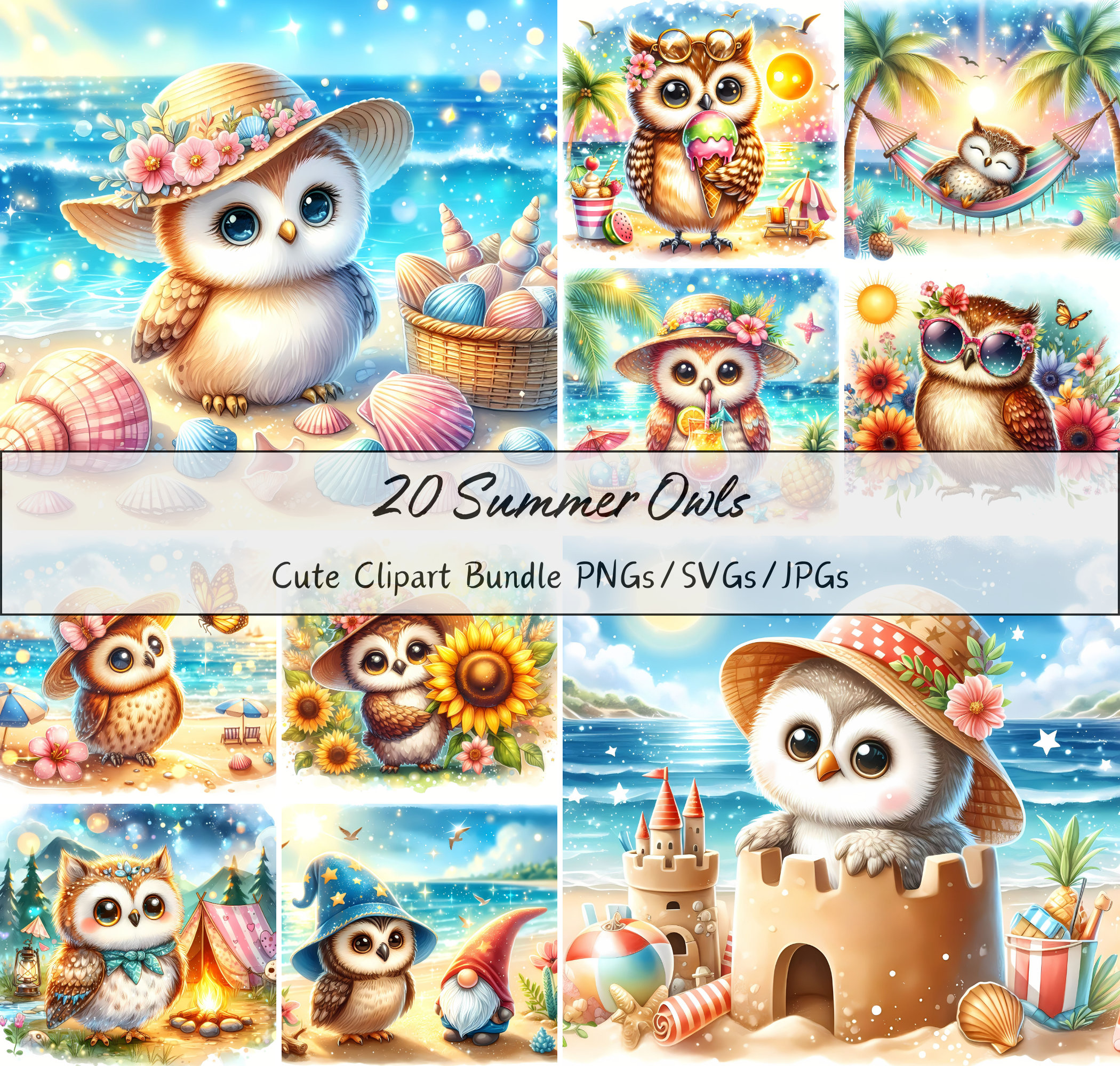 Cute Summer Owls Clipart Bundle, Watercolor Owl Clip Art Images, High ...