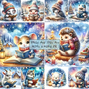 Cute Winter Animals Reading Clipart Bundle, Festive Watercolor Clip Art ...