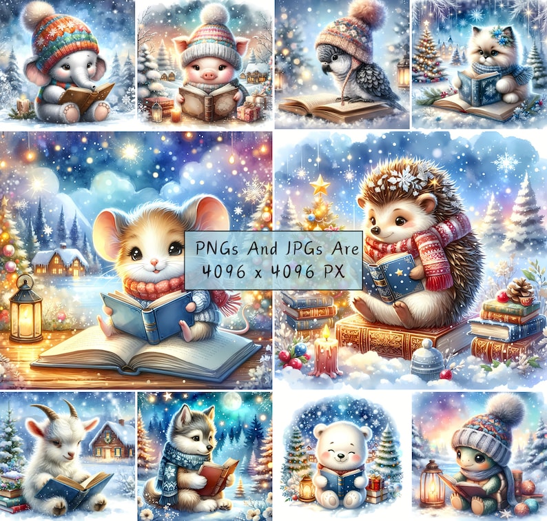 Cute Winter Animals Reading Clipart Bundle, Festive Watercolor Clip Art ...