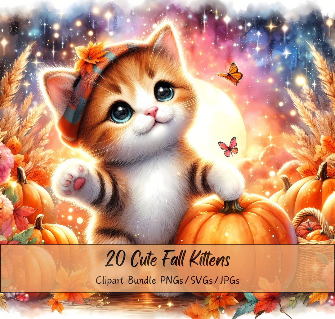 Cute Fall Kittens Clipart Bundle, Autumn Cat, Cats, Kittens, Watercolor ...