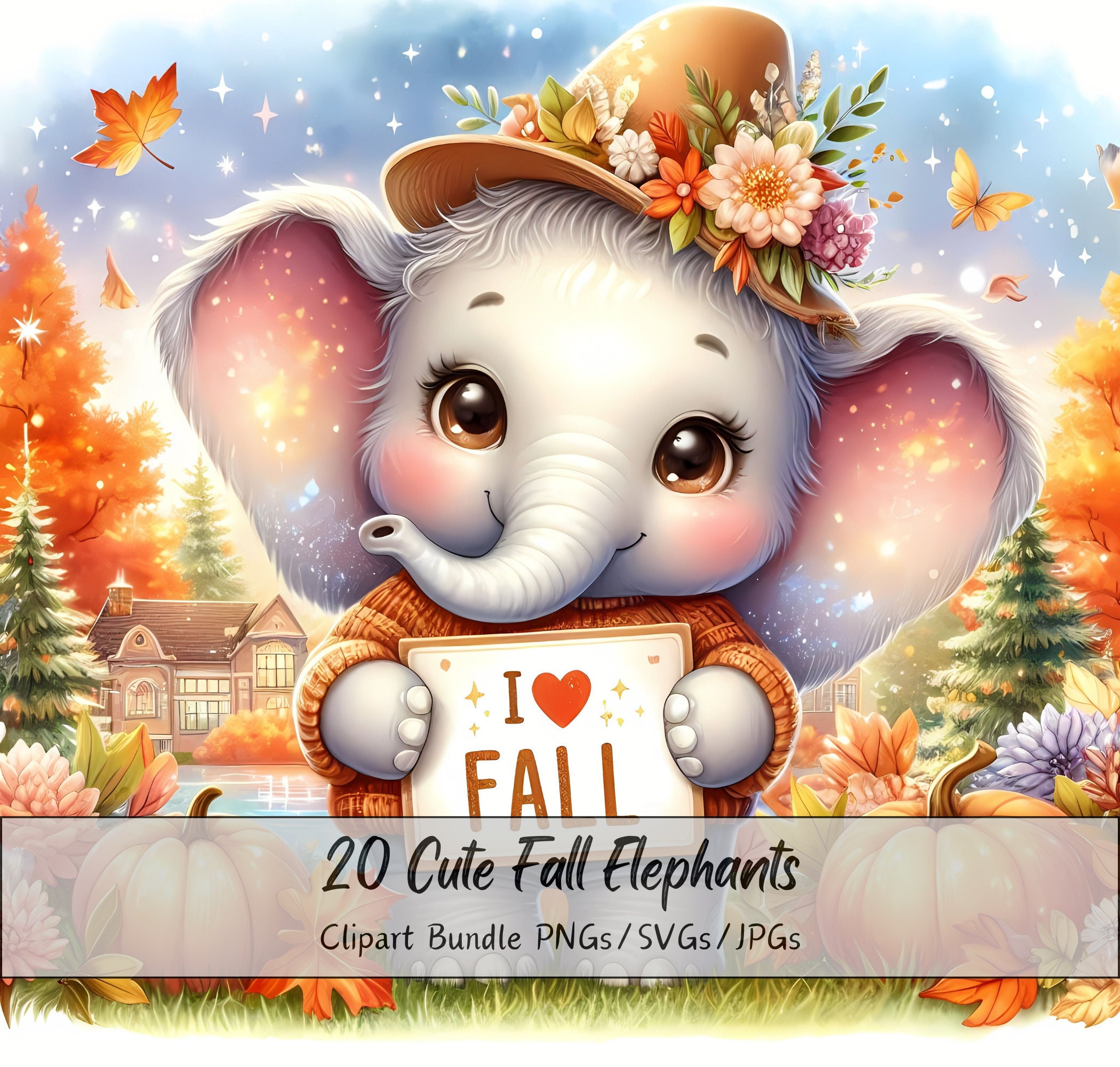 Cute Fall Elephants Clipart Bundle, Watercolor Elephant Clip Art Images ...
