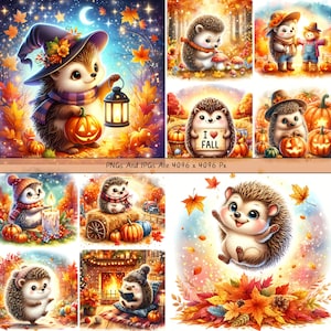 Cute Fall Hedgehogs Clipart Bundle, Watercolor Autumn Hedgehog Clip Art ...