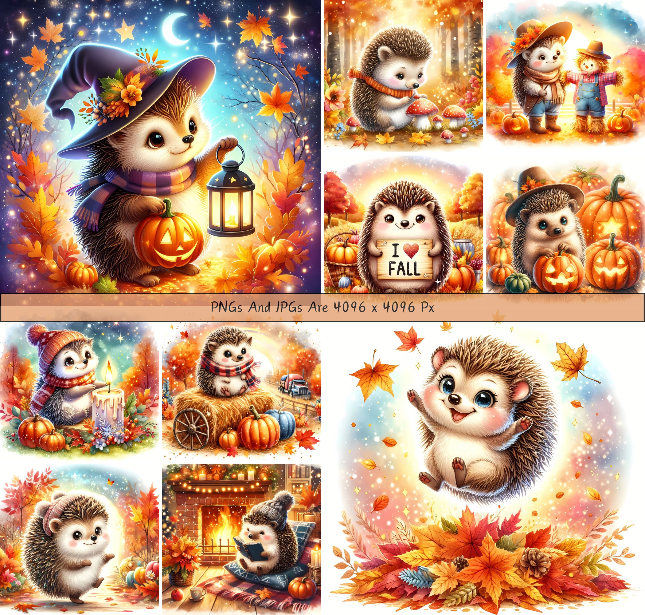 Cute Fall Hedgehogs Clipart Bundle, Watercolor Autumn Hedgehog Clip Art ...