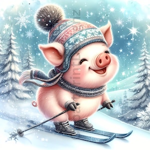 Cute Winter Animals Skiing Clipart Bundle, Festive Watercolor Clip Art ...