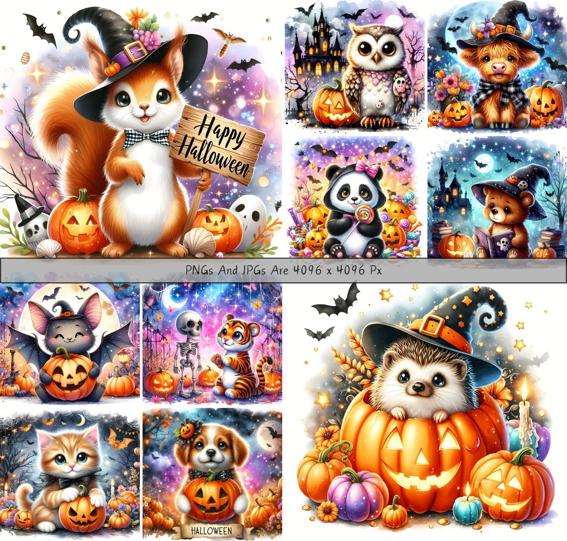 Cute Halloween Animals Clipart Bundle, Watercolor Clip Art Images, High ...